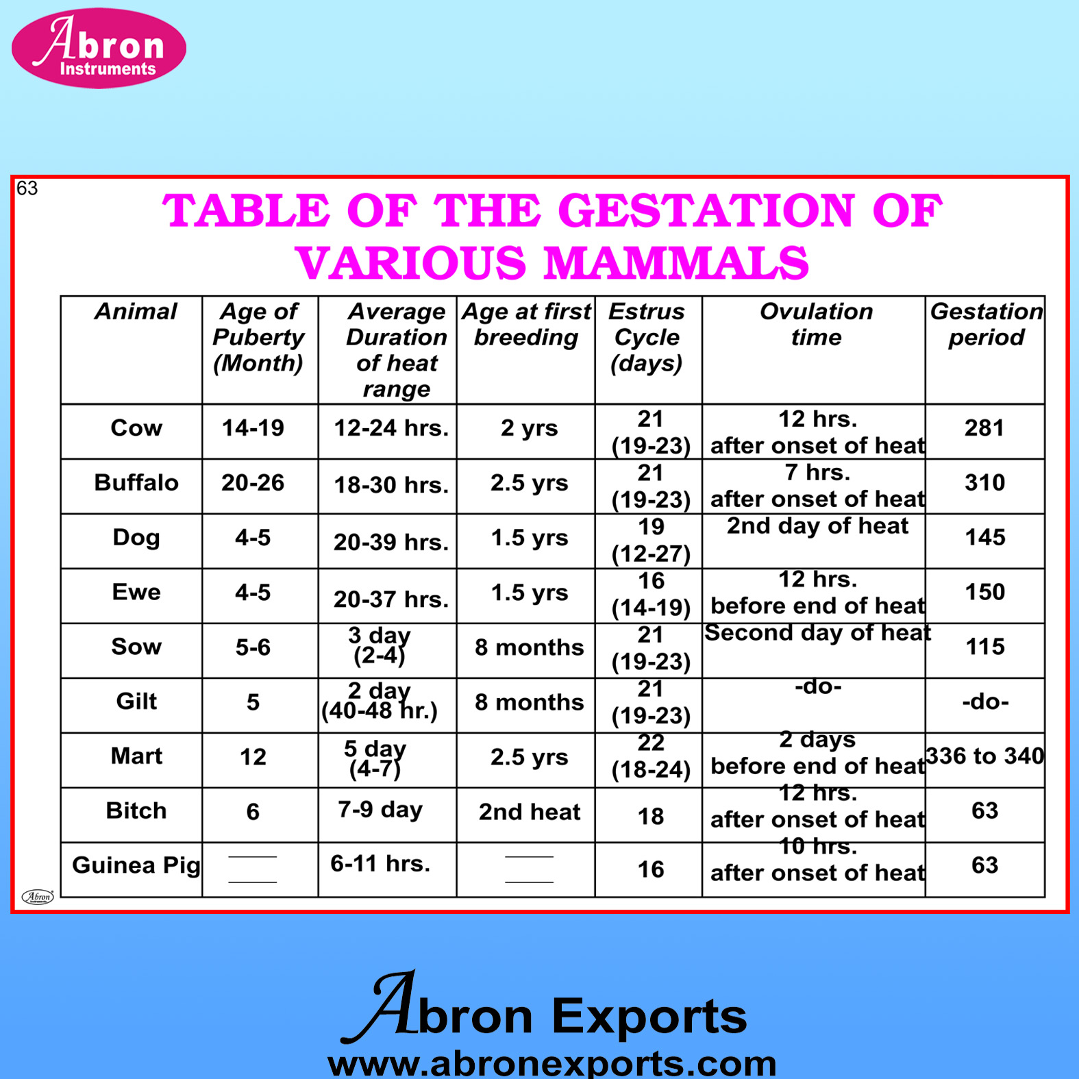 Chart Laminated Animal Mammal Gactations Table Of Gestation Of Various Chart Laminated Animal Mammal Gactations Table Of Gestation Of Various